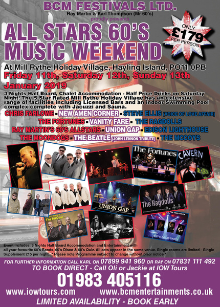 All Stars 60's Music weekender 2019 Fri 11th Jan 2019 to Sun 13th Jan ...